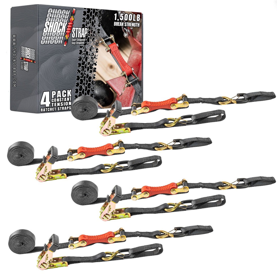 10ft x 1in SHOCKSTRAP® Constant Tension Ratchet Strap with Clip Hooks,
